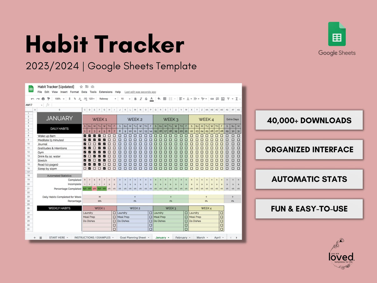 Habit Tracker 2024/2025 | Google Sheets Template – You are Loved Templates