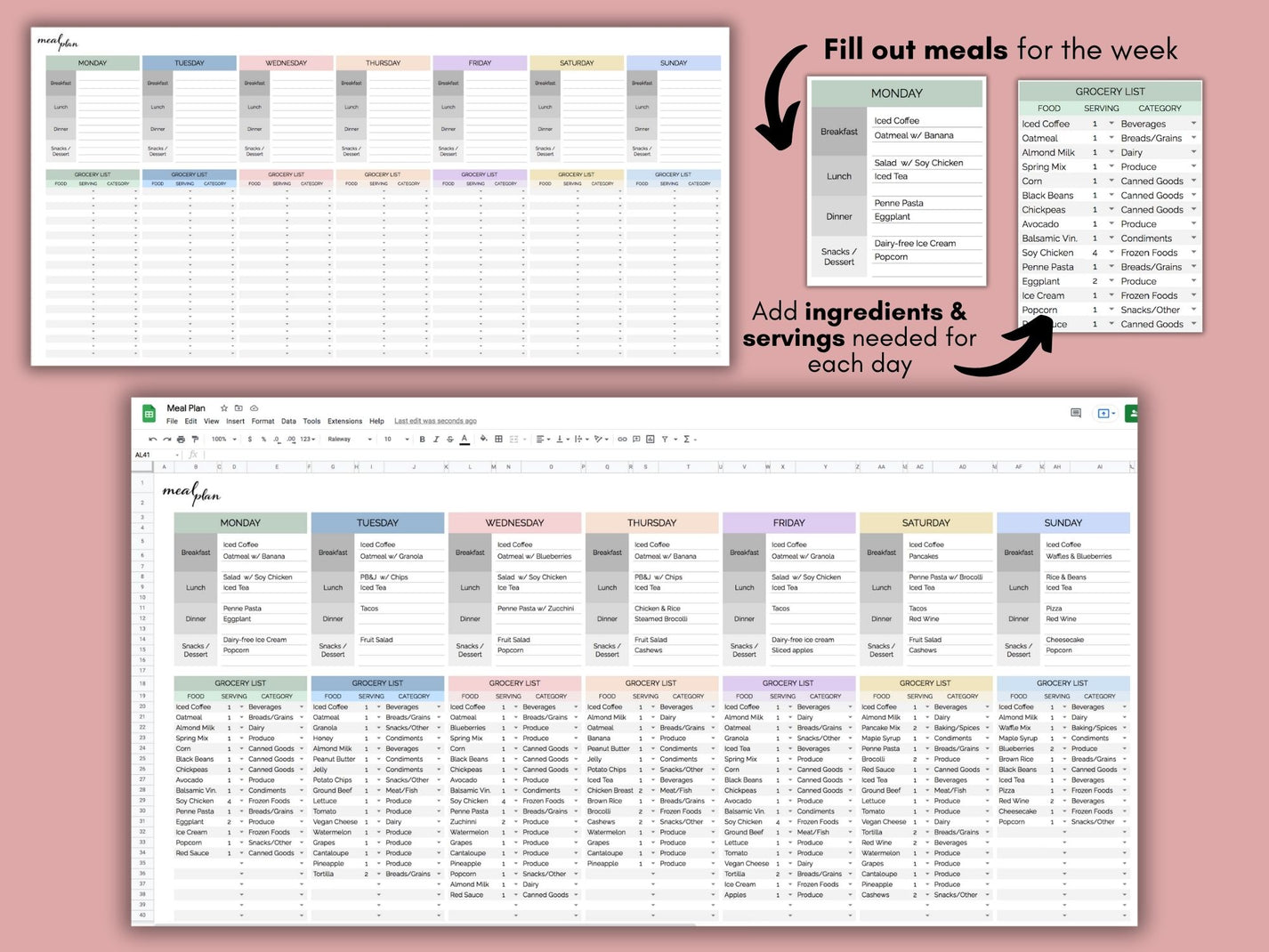 Meal Planner & Automated Grocery List | Google Sheets – You are Loved ...