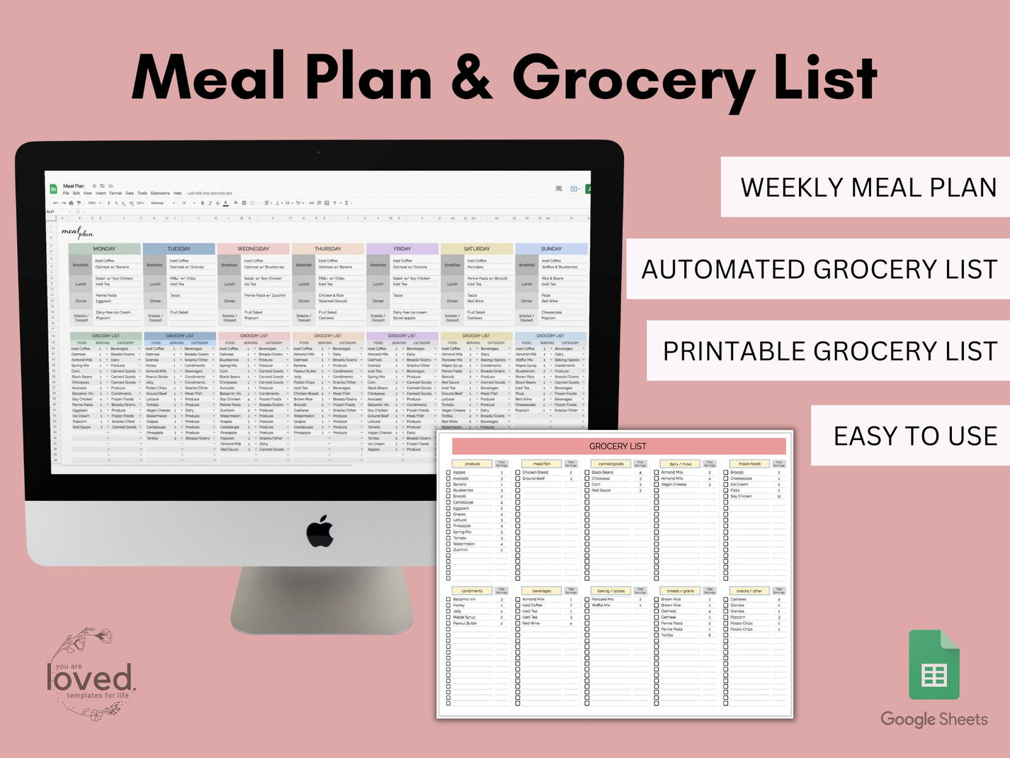 Meal Planner & Automated Grocery List | Google Sheets – You are Loved ...