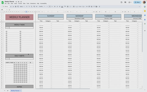 Weekly Planner | Google Sheets Template – You are Loved Templates