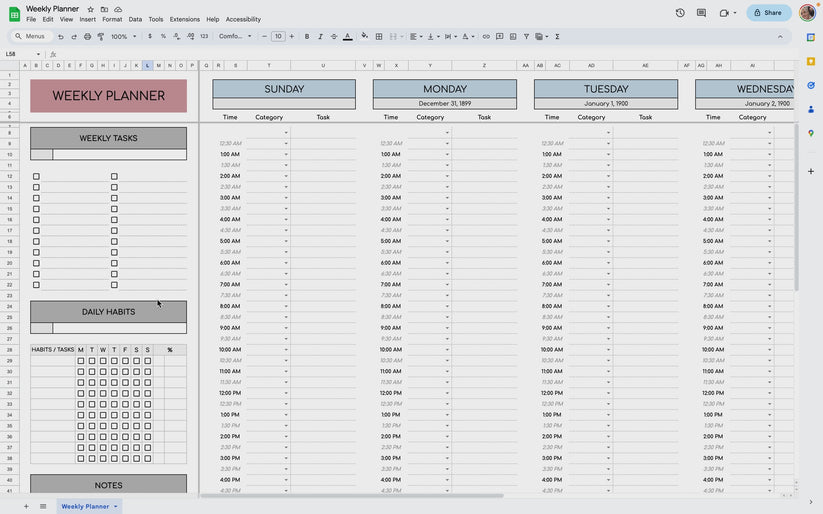 Weekly Planner | Google Sheets Template – You are Loved Templates